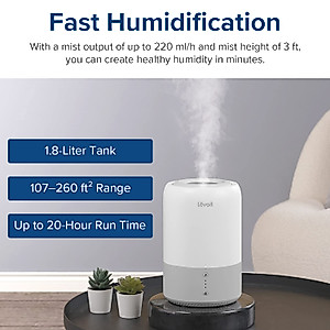 LEVOIT Humidifiers for Bedroom, Cool Mist Air Vaporizer for Babies, Ultrasonic Top Fill Essential Oil Diffuser, Smart Sleep Mode, Auto Shut Off, Quiet, 1.8L, Gray
