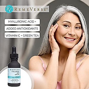 RemeVerse Hyaluronic Acid+ Serum 1 oz, 100% Pure Medical Grade Clinical Strength Hyaluronic Acid with Vitamin C and Green Tea Extract Anti-Aging Serum for Your Face, Lips and Décolleté.