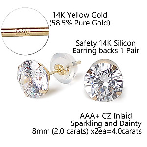 DORO KIMI 14k real solid Yellow Gold white cz Stud chunky Earrings for women Cubic Zirconia with 14k gold silicone earring flat backs (8mm)