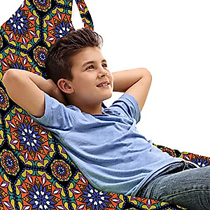 Ambesonne Orange Mandala Lounger Chair Bag, Stained Glass Mosaic Looking Ornamental Geometrical Abstract Floral Pattern, High Capacity Storage with Handle Container, Lounger Size, Multicolor