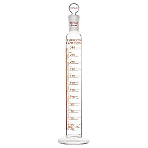 stonylab Measuring Cylinder with Stopper, 250 ml Heavy Wall Borosilicate Glass Measuring Graduated Cylinder with 24/40 Standard Ground Joint and Flat Head Stopper, 1 Pack