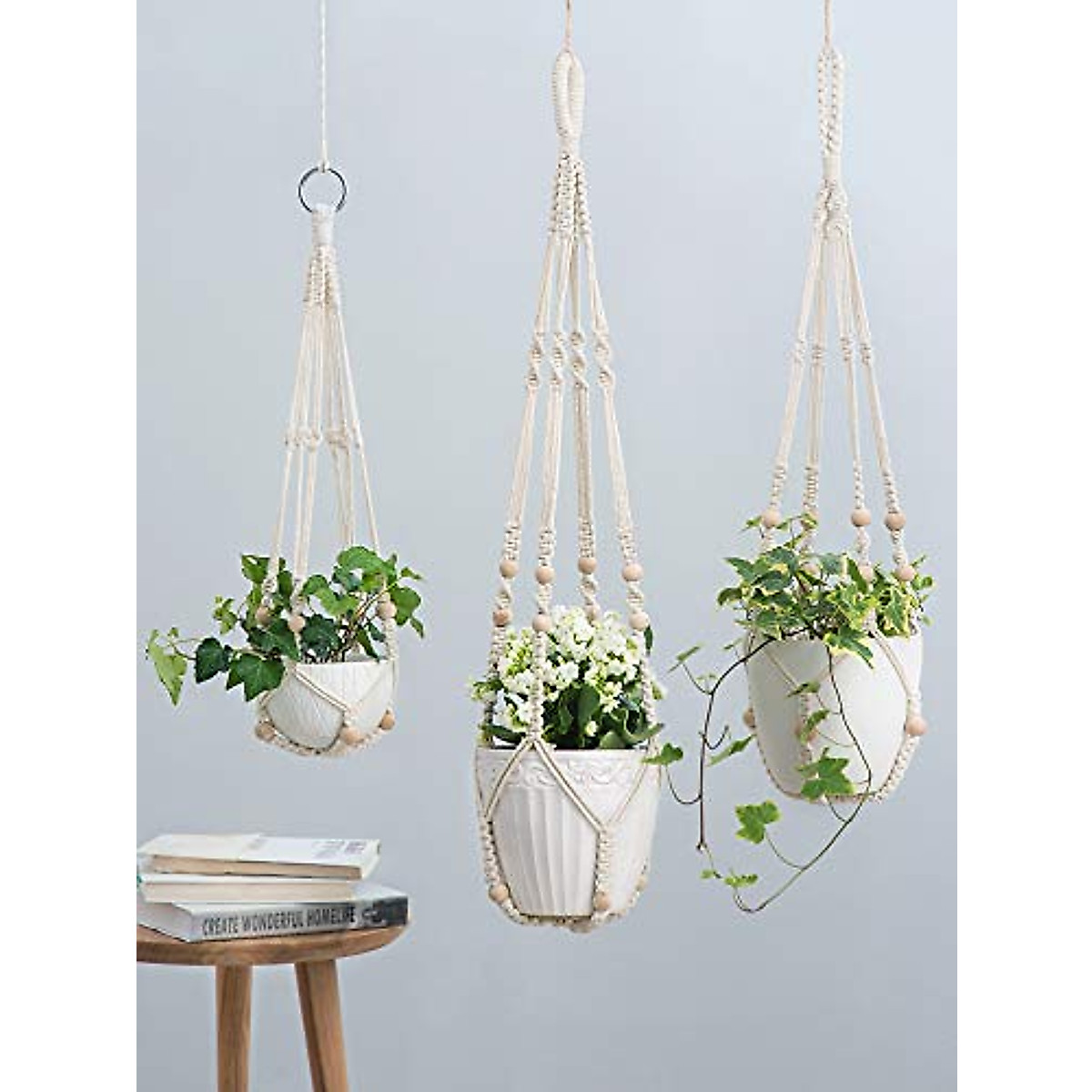 Mkono 3 Pack Macrame Plant Hangers Indoor Different Size Hanging Planter Basket Flower Pot Holder with Beads No Tassels 35"/29"/23", Medium, Ivory