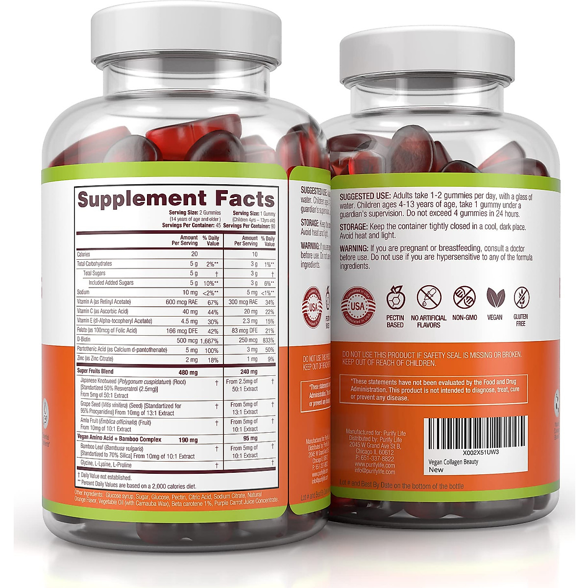 Purify Life Marine Collagen & Vegan Collagen Bundle, Gummies Vitamins for Hair Skin and Nails Health (90 Chews), Pore Reducer & Elasticity, Replace Capsules, Pills