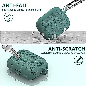 Flower Engraved Case for Apple AirPods Pro 2 Gen,Soft Silicone Protective Case Cover for AirPods Pro 2nd/1st Generation AirPod Case with Clean Kit Carabiner,Lanyard,Front LED Visible,Pine Green