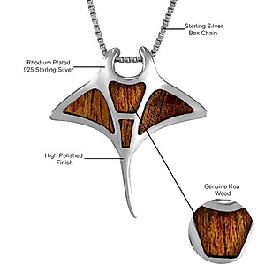925 Sterling Silver Hawaiian Manta Ray Opal Koa Wood Larimar Gemstone Necklace Pendant with 18" Box Chain, Nickle Free Hypoallergenic for Sensitive Skin, Gift Box Included (Koa Wood)