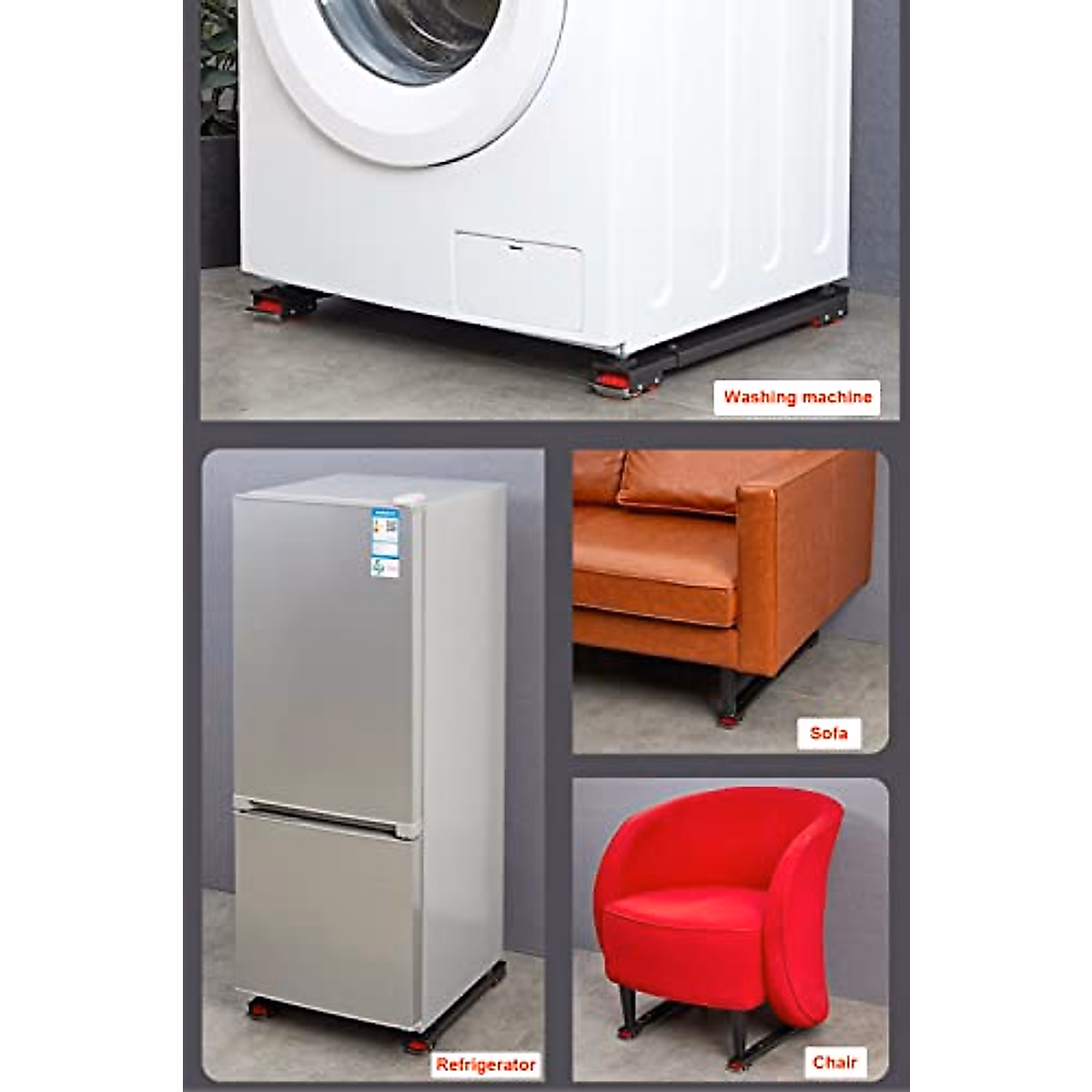 koutey Heavy Duty Expandable Appliance Base For Washing Machines, Refrigerators, Dryers, Dishwashers and other Heavy Objects, can bear 300 kg (Black base with red wheels + lifter tool)