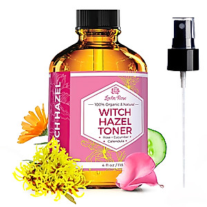 Witch Hazel Alcohol Free Toner by Leven Rose, 100% Pure Organic Facial Rose Water with Rose Petals, Calendula, Cucumber, and Chamomile Flower 4 oz