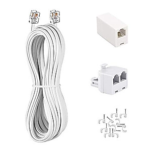 KINXIYU Phone Cord 15FT, Landline Telephone Cable with RJ11 Plug, Includes Telephone Inline Coupler RJ11 Splitter and 10pcs Cable Clips(White)