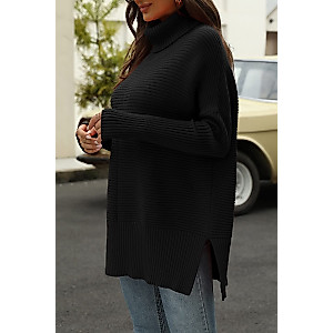 EFAN Black Oversized Turtleneck Sweaters Dress for Women Clothes Trendy Rib Pullover Sweater Long Tunic Sweaters Knit Tops