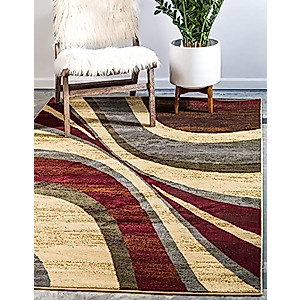 Unique Loom Barista Collection Modern, Abstract, Waves, Urban, Rustic, Warm Colors Area Rug, 8 ft x 10 ft, Beige/Burgundy
