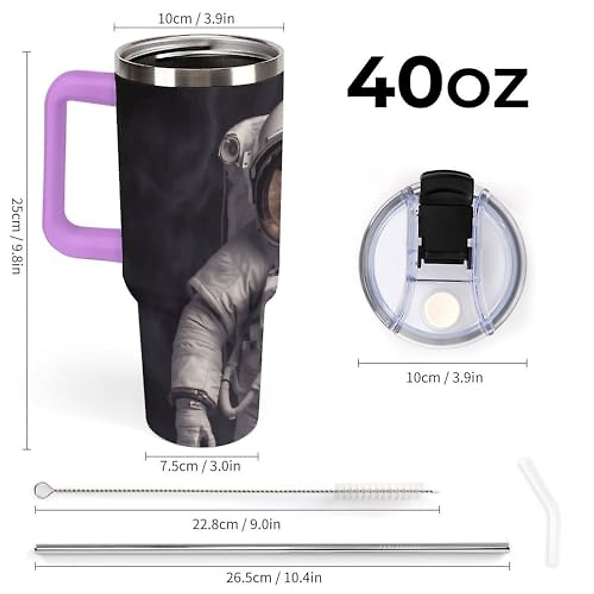 LLUTSNTH 40 Oz Vacuum Tumbler with Violet Handle Leakproof Insulated Tumbler Astronaut Stainless Steel Travel Mug with Lid And Straw Coffee Cup Cute Water Bottles Cup Holder Friendly