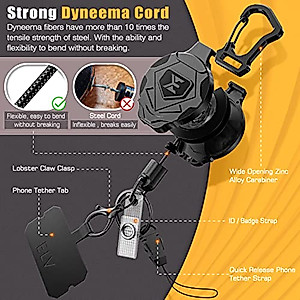 ELV Heavy Duty Retractable Keychain with Magnetic Closure and Carabiner, Retractable ID Badge Holder Clip, Retractable Badge Reel with 31” Dyneema Cord, Key Ring, Lobster Claw Clasp and Phone Tethers
