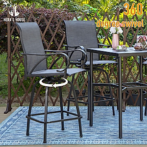 HERA'S HOUSE Patio Bar Stools Set of 2, Outdoor Swivel Bar Height Patio Chairs with Solid Back & Armrest, All Weather Textilen Fabric High Top Chair for Lawn Garden, Grey