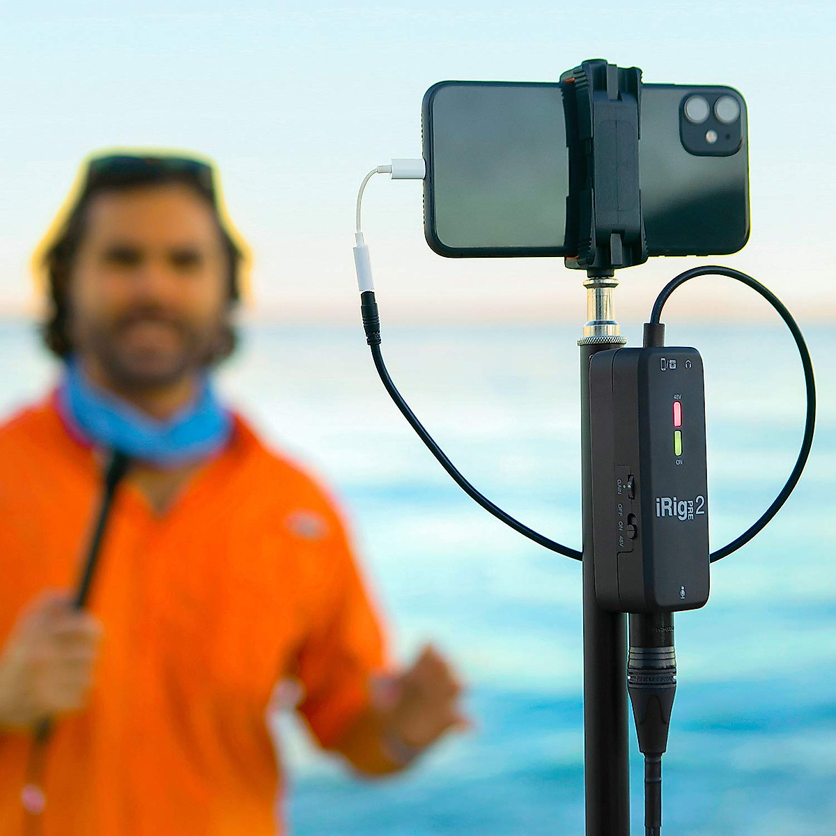 IK Multimedia iRig Pre 2 mic preamp adapter interface for iPhone, iPad, Android, iOS & DSLR cameras, with +48V phantom power, XLR connector & headphone output