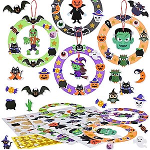 Fennoral 8 Pack Halloween Wreath Craft Kit for Kids Make You Own Halloween Wreath Foam Sticker DIY Halloween Arts and Crafts for Girls Boys Party Activities Art Ornament Halloween Decoration Supplies