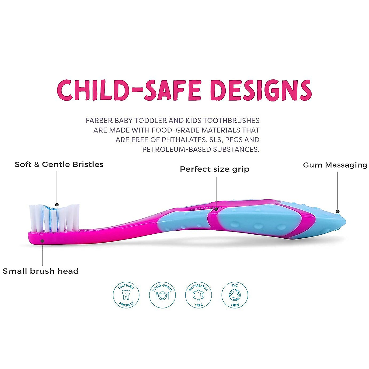 Farber Baby Toddler Toothbrushes Set – Infant Toothbrush 6 Pack with Compact, Soft Bristles and Easy Grip Handle Includes 2 Suction Cup Toothbrush Holders and Toothpaste Squeezer (Pink)