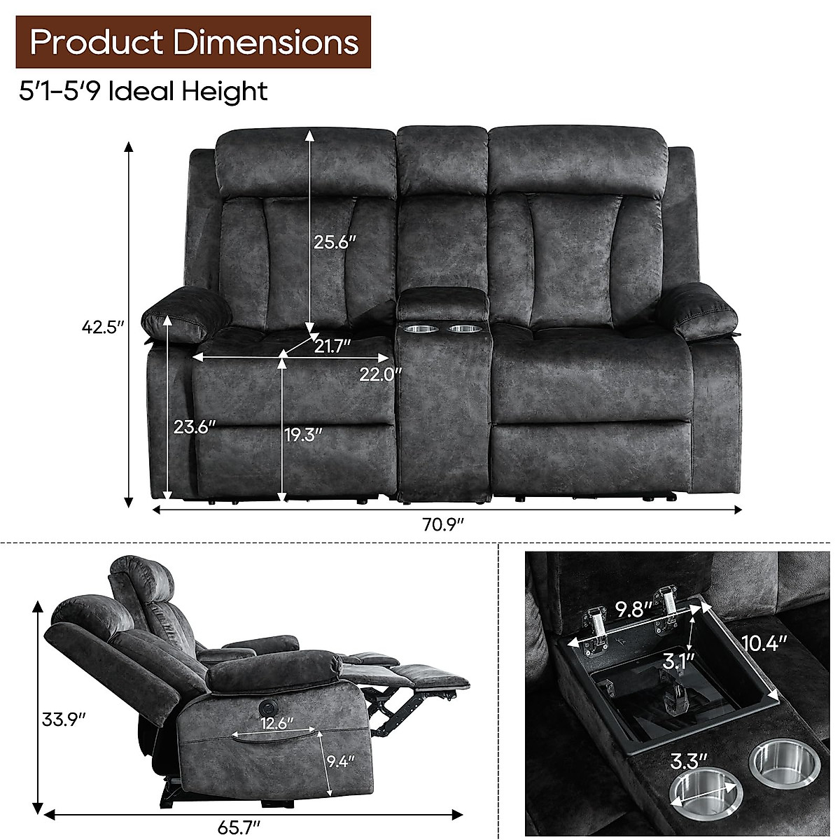 GUEAPY Reclining Loveseat-Power Reclining Loveseat with Console,Love Seat Recliner Sofa,Dual Reclining loveseat with Heat and Massage,Cup Holders, USB & Type-C Charge Ports,Pocket, for Living Room