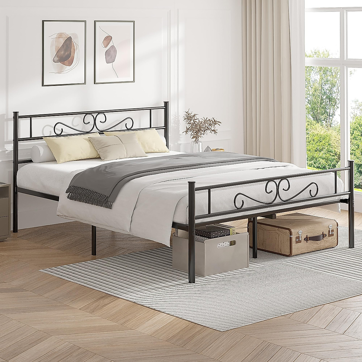 VECELO Full Size Bed Frame with Headboard, 14 Inch Metal Platform Mattress Foundation, No Box Spring Needed, Squeak Resistant, Easy Assembly, Matte Black