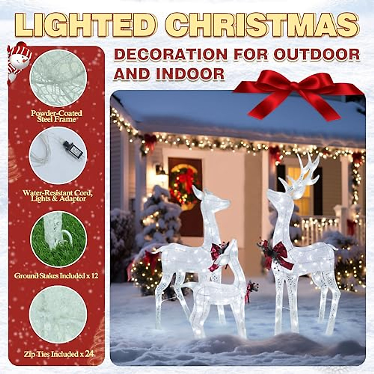 MUPATER Outdoor Christmas Decoration Lighted Deer Family Set Indoor, Christmas Holiday Yard Decor 3-Piece Moose Set for Lawn and Party with Lights, Ground Stakes and Zip Ties, White