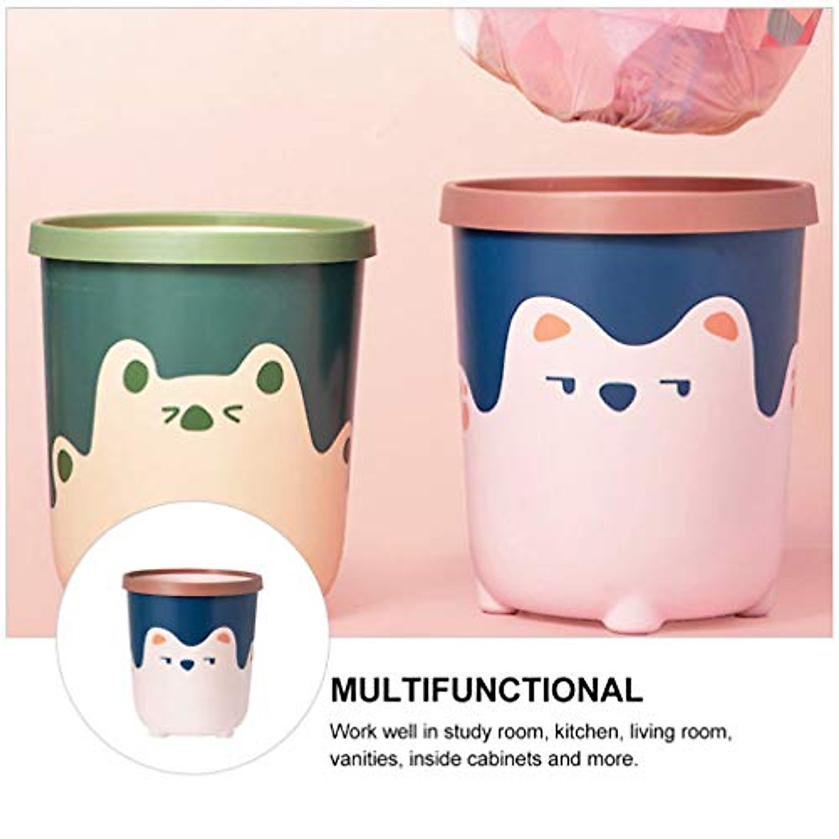 Hemoton Trash Can Plastic Garbage Can Cute Round Wastebasket Trash Bin Waste Container for Home Kitchen Bathroom Office Pink Blue