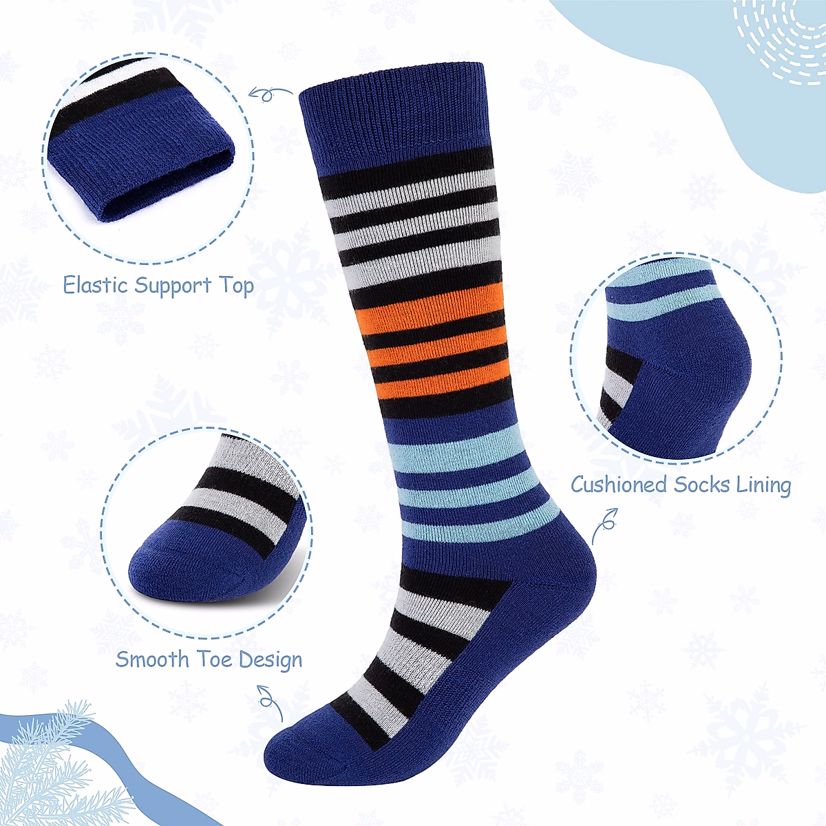 LULLABY KIDS Snow Ski Socks Full Terry Warm Skiing Socks Boys Thermal Socks Merino Wool Socks For Toddlers Kids Warm Socks, 2 Pairs Strip, 3-5 Years