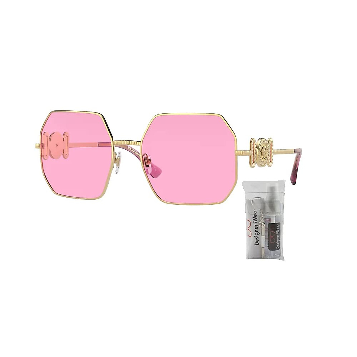 Versace VE2248 1002/5 58MM Gold/Fuchsia Hexagonal Sunglasses for Women + BUNDLE With Designer iWear Eyewear Kit