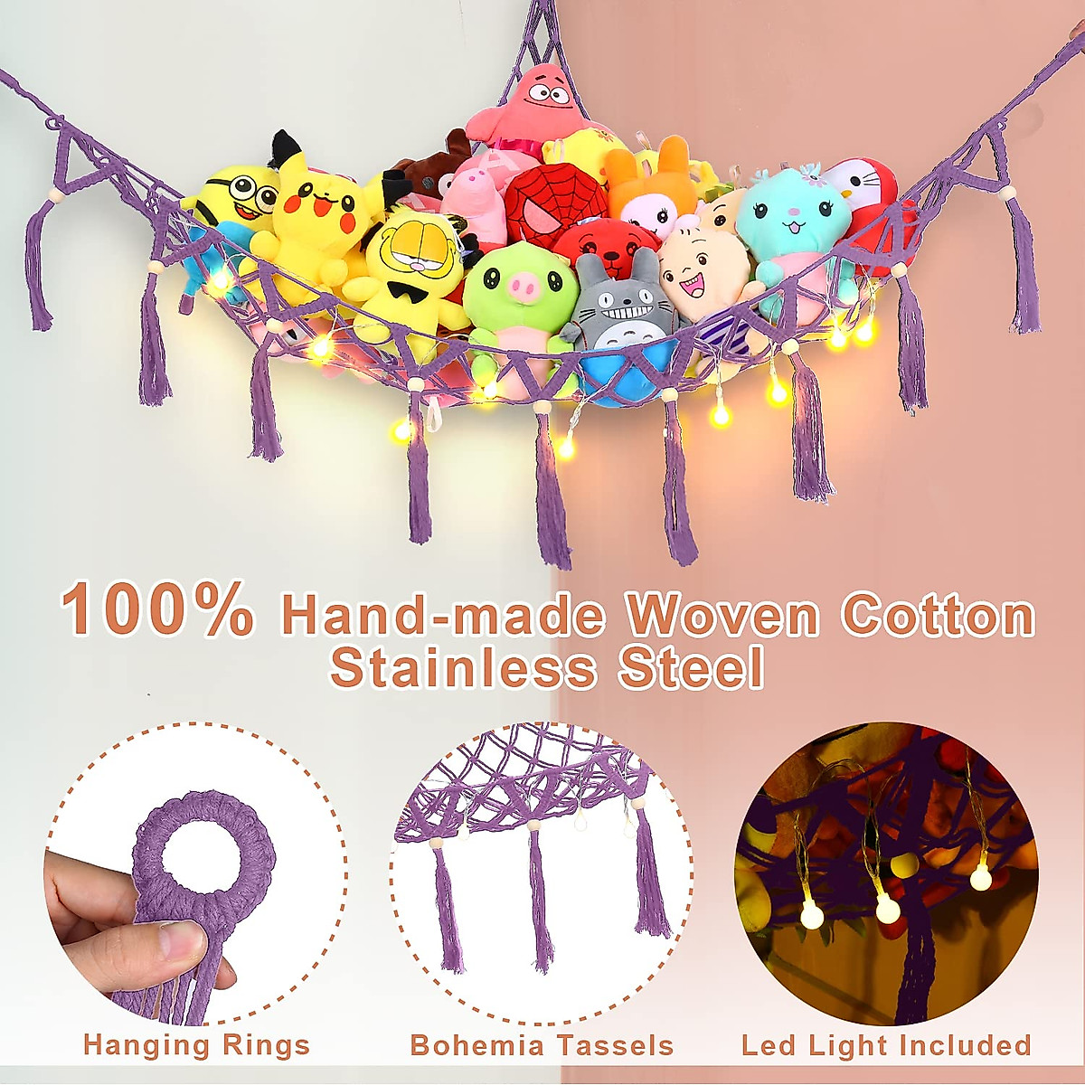 KOHUIJOO Stuffed Animal Net or Hammock Macrame Toy Hammock for Stuffed Animals With Lights Plush Toy Storage Hammock Corner Hanging Mesh Net Boho Nursery Organizer for Kidroom Playroom Purple