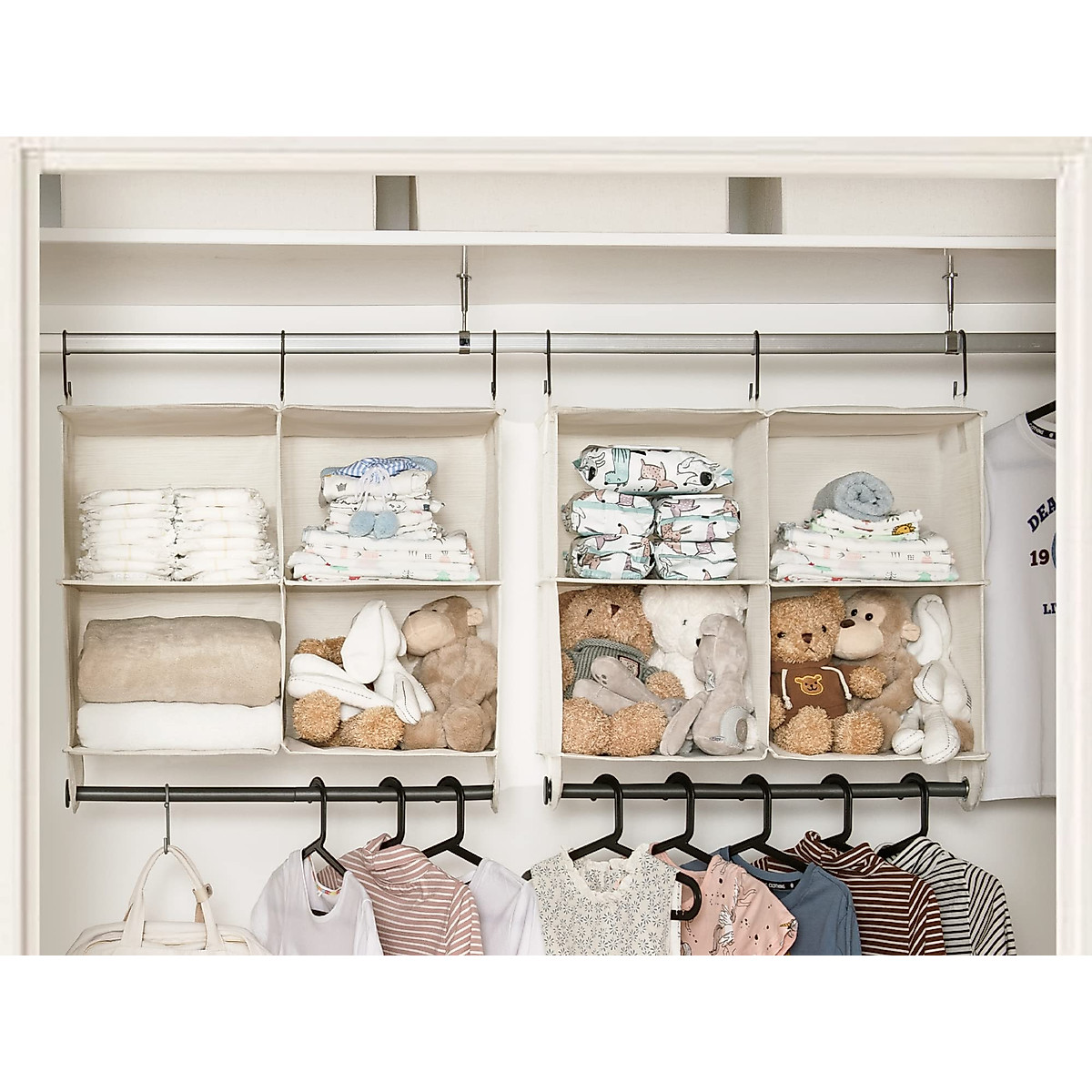 StorageWorks Hanging Closet Organizer with Garment Rod, 4 Section Closet Hanging Shelves, Hanging Clothes Cube Organizer, White & Ivory, 12 ¼" D x 24 ½" W x 28" H