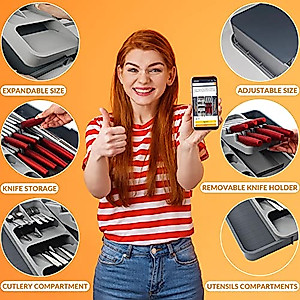 VILIA Expandable Kitchen Drawer Organizer with Knife Holder, Utensil Holder - Adjustable Cutlery Silverware Tray for Drawer, Kitchen Organization, Large Durable Utensil Organizer, Kitchen Storage
