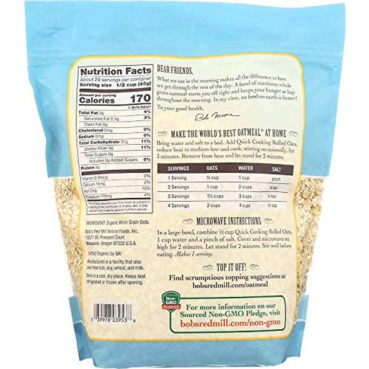 Bob's Red Mill Organic Quick Cooking Rolled Oats (32 Ounce, Pack of 2)