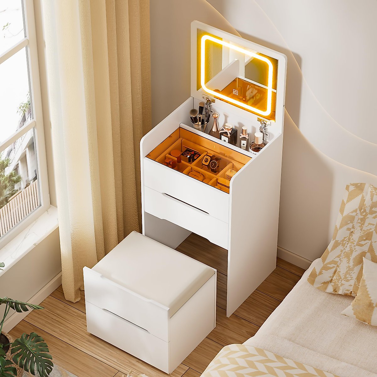 PAKASEPT 3 in 1 Vanity Desk with Plip Top Mirror, Small Make Up Vanity Set with Visible Glass Desktop, Compact with 3 Drawers,Cushioned Tool,Dressing Table for Bedroom