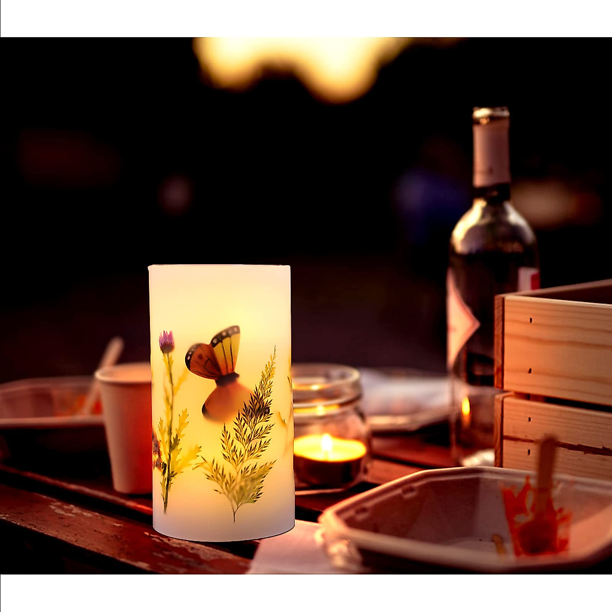 Holitown Flickering Candles, Flameless Candles D4 x H8, Blue Leaf Battery Candles Real Wax Pillar Candle with Timer for Summer Party,Home,Coverd Courtyard(4"x8")