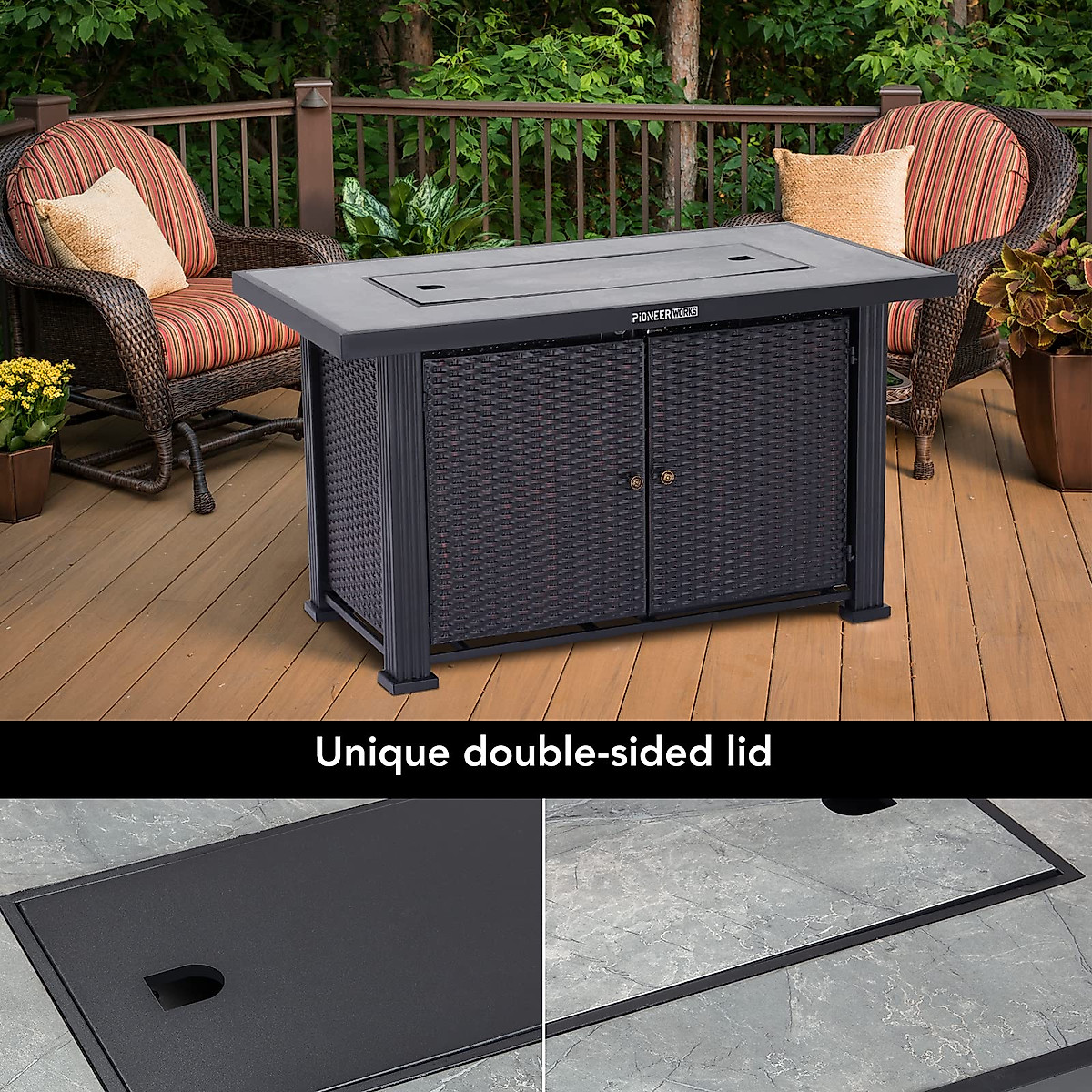 44 Inch Propane Fire Pit Table, PioneerWorks 50000BTU Rectangle Fire Table with Cover & Rain Cover, Sturdy Steel and Iron Fence Surface, CSA Safety Certified, Companion for Your Garden (Double Door)
