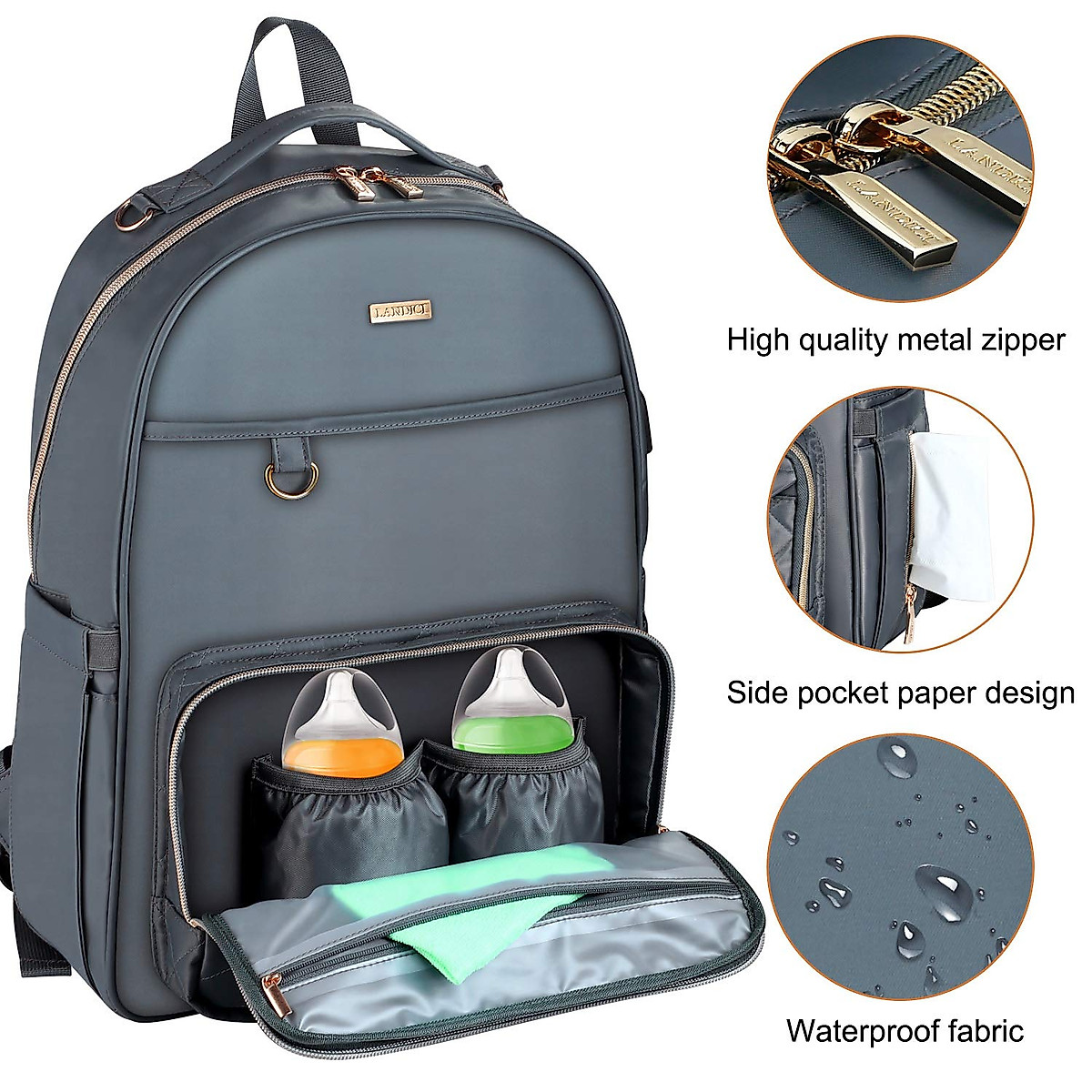 LANDICI Diaper Bag Backpack, Multifunction Travel Back Pack Maternity Baby Changing Bags with Changing Station and USB Charging Port for Mom Dad Boy Girl, Large Capacity, Waterproof, Black