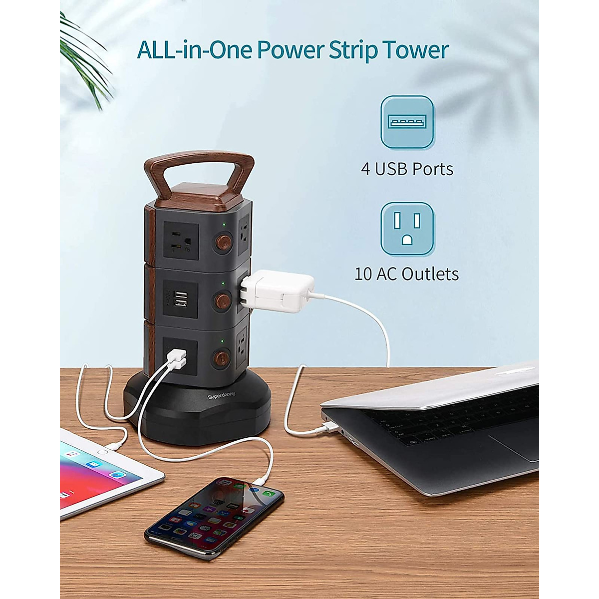 SUPERDANNY Surge Protector Tower - 10 Outlets & 4 USB