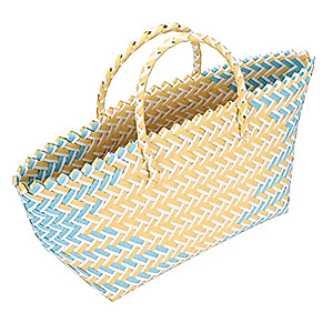 Yardwe Hand- Woven Straw Handbag Bag Wicker Handbag Basket Purse Retro Women Straw Tote Blue+ Yello