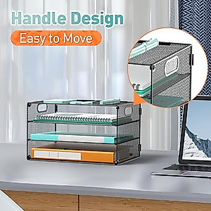 4-Tier Letter Tray Paper Organizer with Handle,Mesh File Holder Organization Document Storage for Office Home School, Black