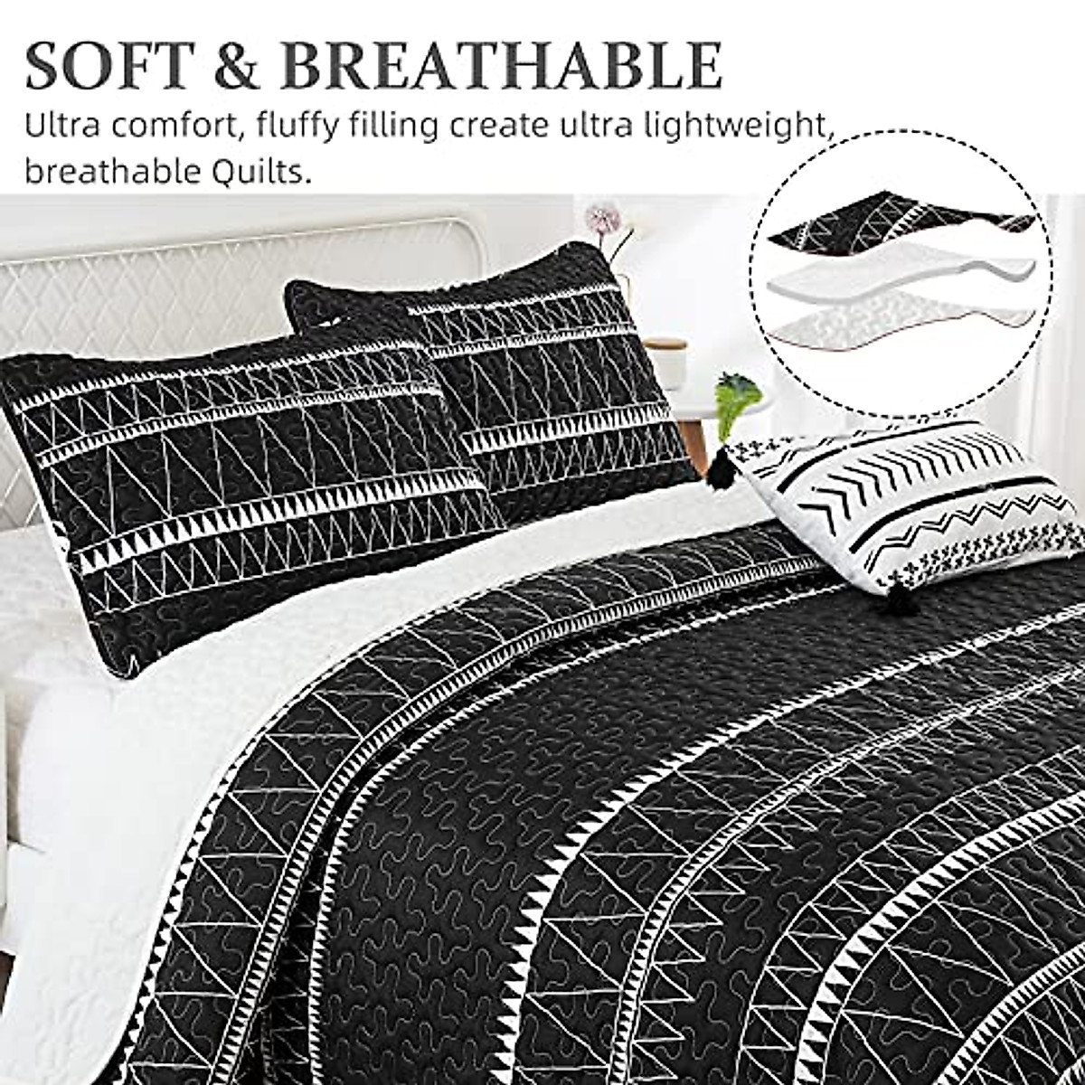 Black Quilt Set King, Black Striped Triangle Pattern Printed Bedspread Coverlet, 3 Pieces (1 Quilt + 2 Pillowcases), Soft Microfiber Bohemian Bedding Quilt Coverlet for Summer 90"x103"
