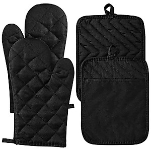 R HORSE 4Pcs Oven Mitts Pot Holders Set for Kitchen, Cotton Lining Heat Resistant Oven Gloves Black Kitchen Mittens Hot Pads Pot Holder with Pocket & Hanging Loop Trivets for Cooking Baking Grilling