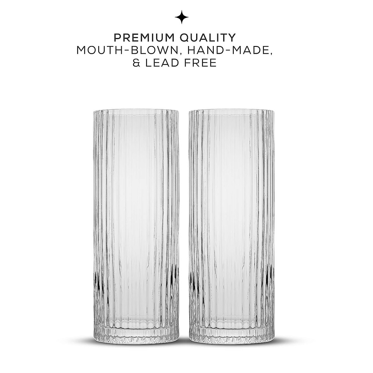 JoyJolt 16oz Fluted Highball Glasses - 2 Ribbed Tall Cocktail Tumblers for Gin, Juice, Water