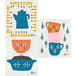 Trendy Tripper Swedish Dishcloths/Sponge Cloths - Anna Kovecses Midcentury Designs - Set of 3 Kettle/Cups/Bowls (Cobalt Blue/Yellow/Orange on Natural)