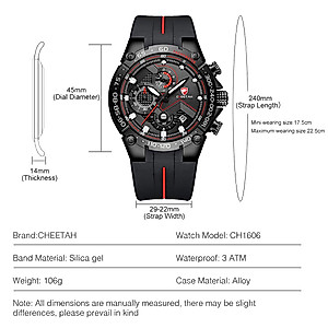 CHEETAH Mens Chronograph Watch Outdoor Waterproof Military Tactical Style Black Red Quartz Sports Watches for Men with Rubber Strap