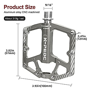 K PEDC Bike Pedal Aluminum Alloy 9/16" Bike Pedal MTB Wide Platform Flat Non-Slip Bicycle Pedals with 3 Bearings for Mountain Bikes, Road, BMX (TI 3bearings)
