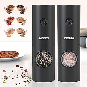 KIEKRO Electric Salt and Pepper Grinder Set, Battery Operated Salt and Pepper Grinder (without Battery), Kitchen Gadget with White Led Light, Adjustable Coarseness, One-hand One-button Start, Black