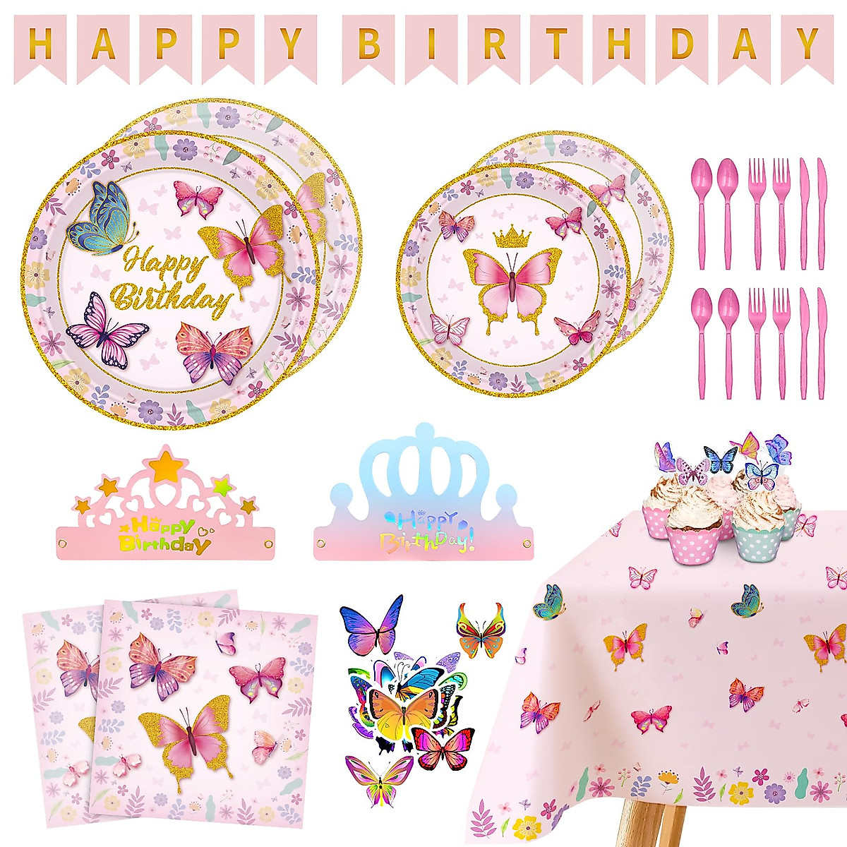 Butterfly Birthday Decorations Tableware Set,192 PCS Butterfly Birthday Party Supplies Serves 24 with Plates Napkins Tablecloth Cupcake Toppers and Banner for Butterfly Girl Birthday Party Decorations