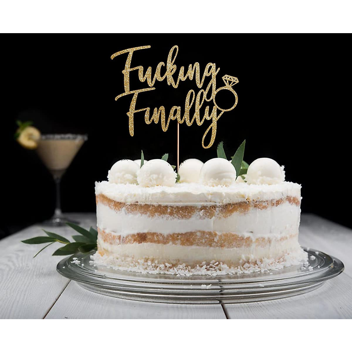 Fucking Finally with Diamond Ring Cake Topper, Funny Wedding Engagement Bridal Shower Bachelorette Party Decorations, Gold Glitter