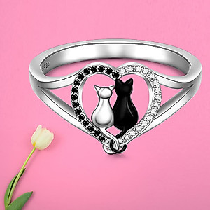 Cat Ring Cat Rings for Women Black Cats Ring Remembrance White Black Cats Couple Sterling Silver Animal Lovers Jewelry Size 8