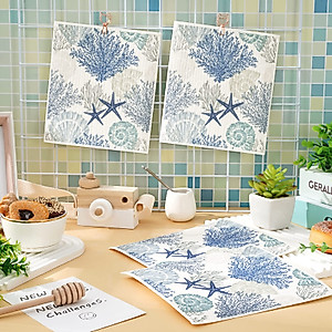 AnyDesign Ocean Swedish Kitchen Dishcloths Under The Sea Kitchen Dish Towel Reusable Seashell Starfish Coral Absorbent Cotton Dish Cloth for Summer Beach Party Cleaning Housewarming, 7 x 8, 4Pcs