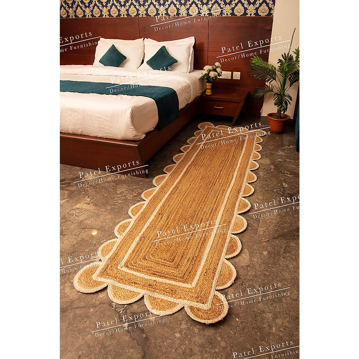 PATEL EXPORTS Natural Jute Scalloped Rug, Bohemian Area Rug, Boho Décor Indoor Outdoor Jute Rug, Handwoven Hallway Runner Rug, Custom Rug (2'6"x10')