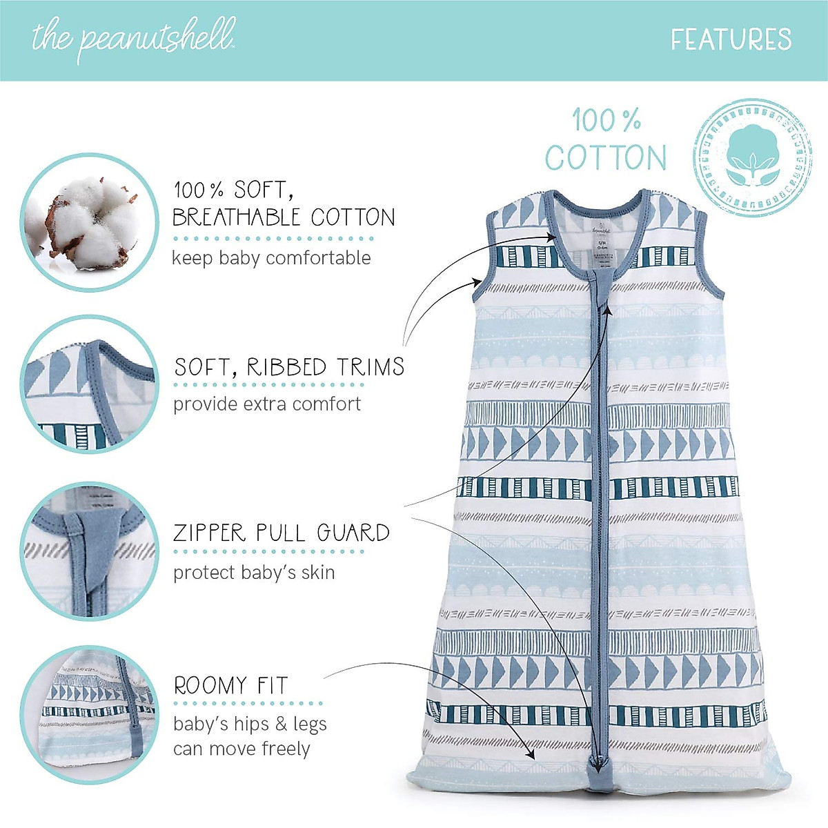 The Peanutshell Wearable Blanket Sleep Sack for Baby Boys or Girls, Blue Rhino & Tribal Stripe, Sizes up to 12 Months (Small/Medium)